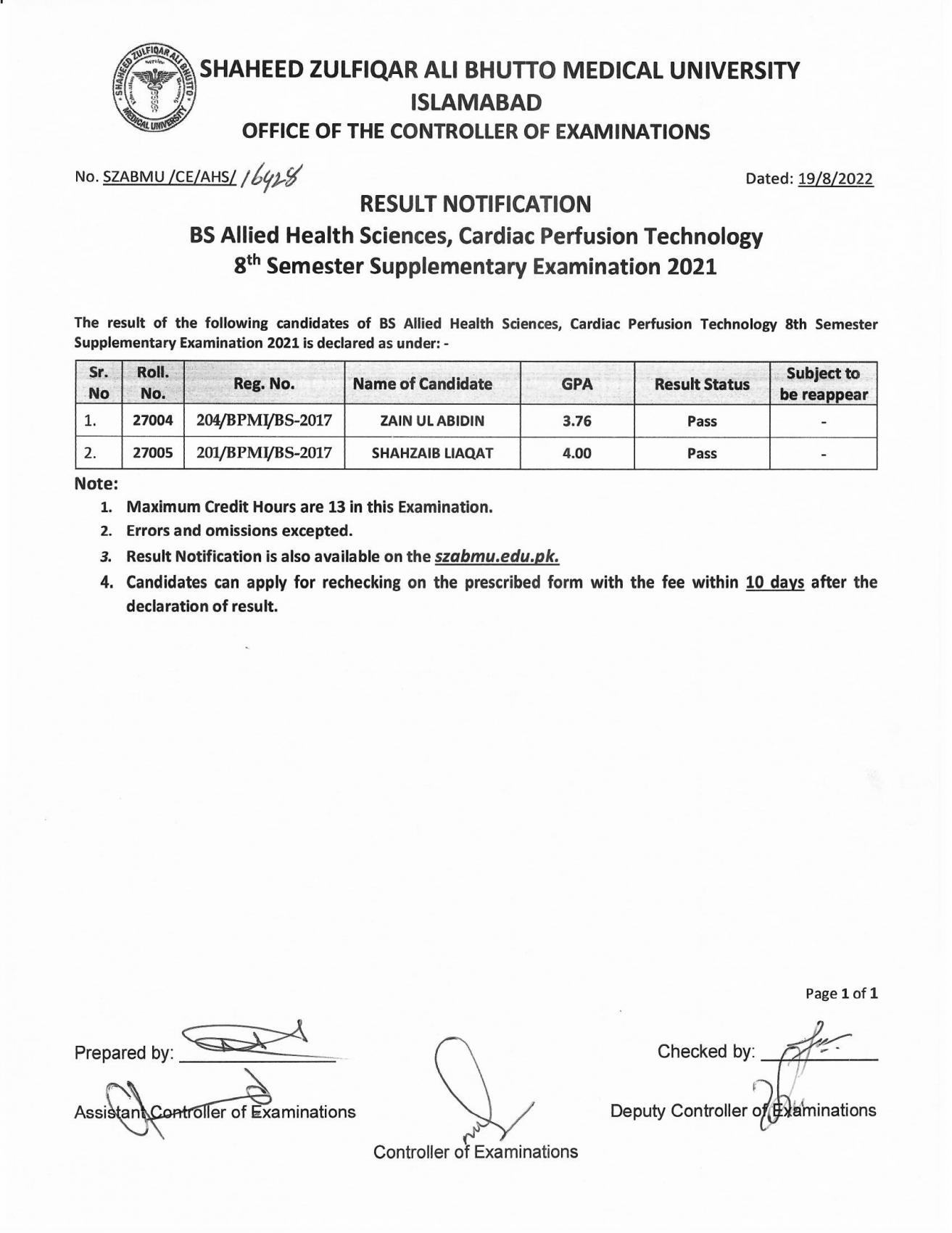 Result Notification - BS AHS 8th Semester Supplementary Examinations ...
