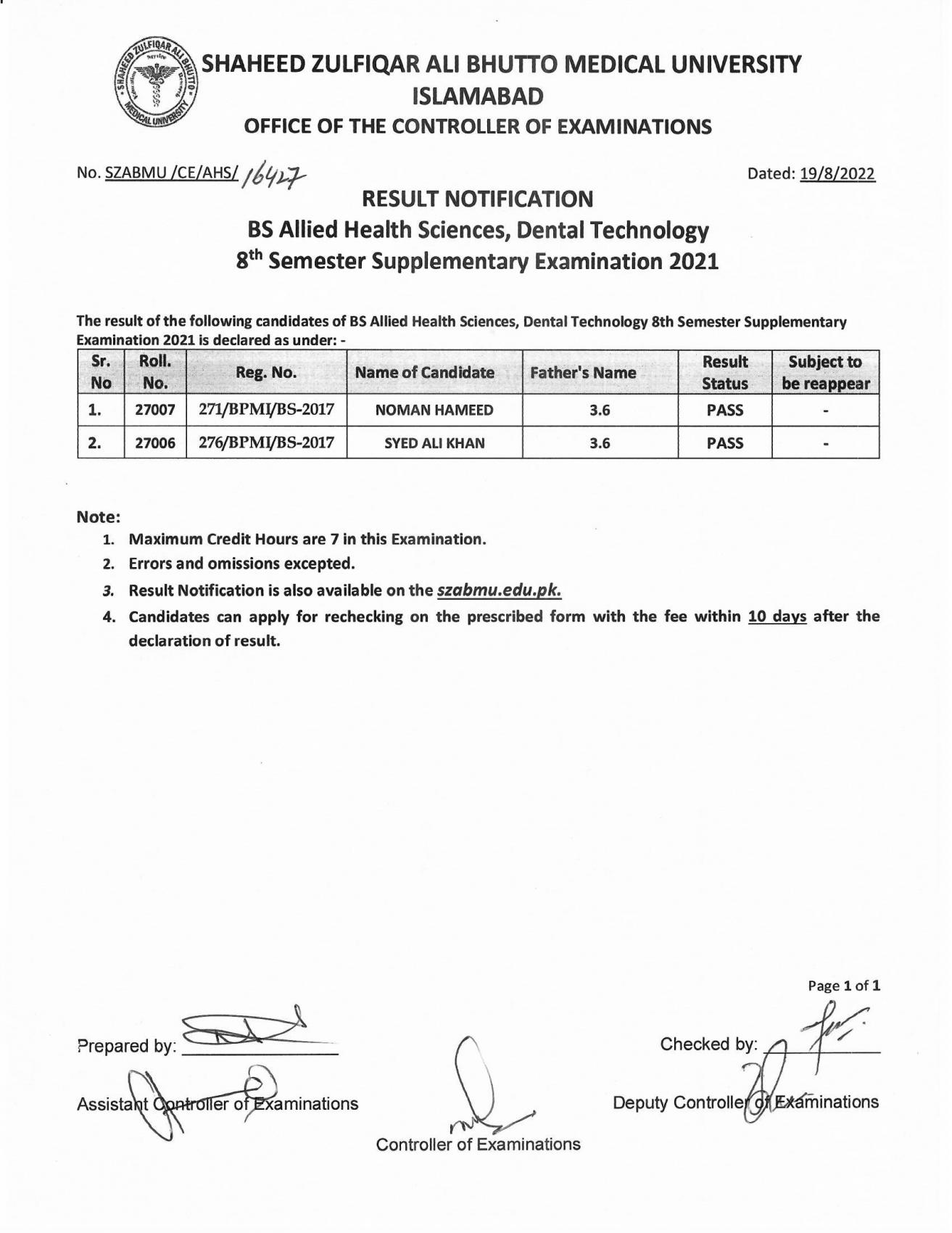 Result Notification - BS AHS 8th Semester Supplementary Examinations ...