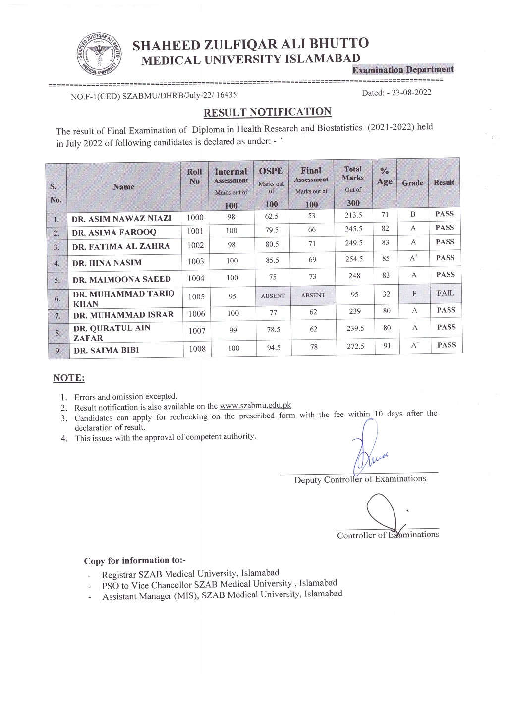 Result Notification of Diploma in Health Research and Biostatistics ...