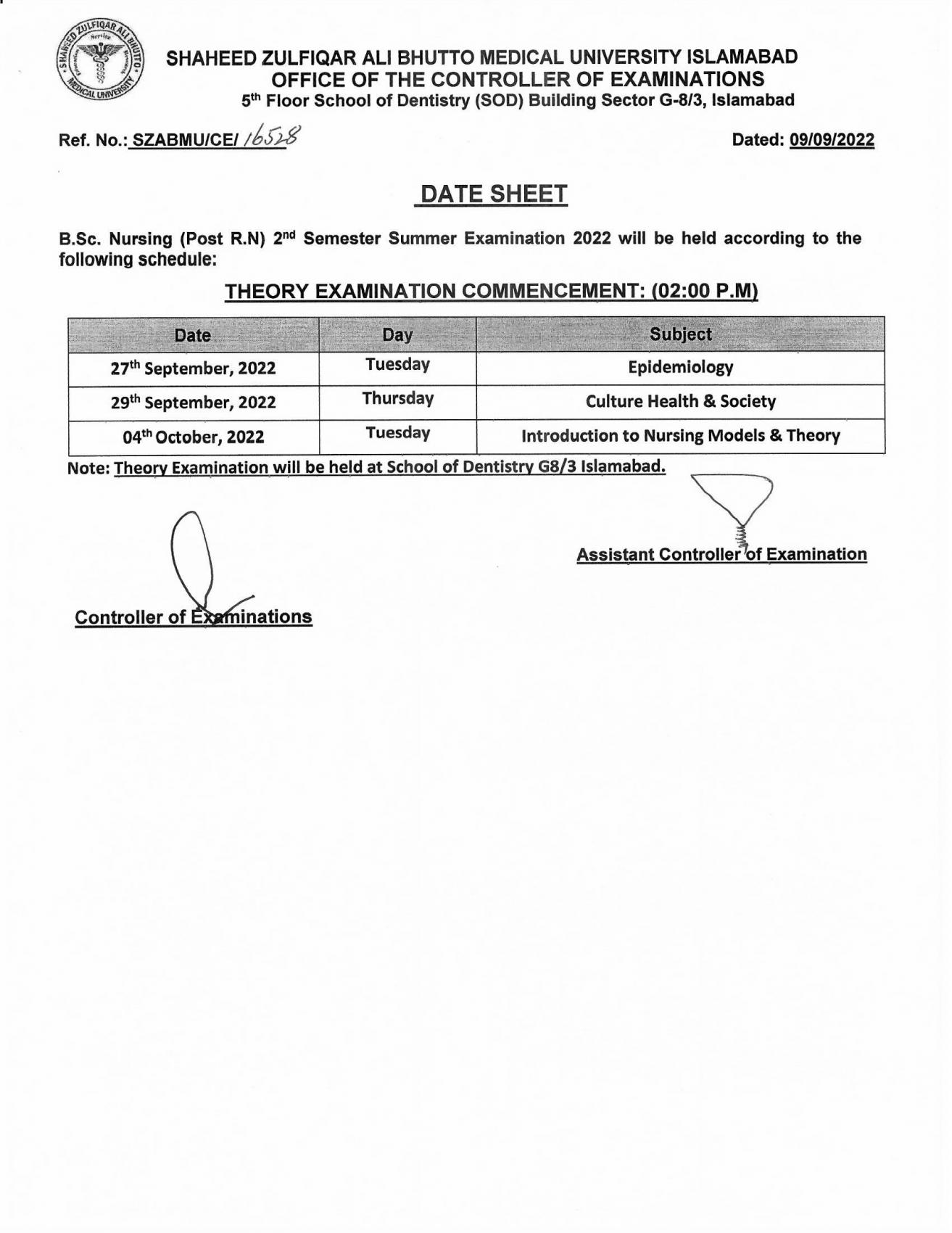 Date Sheet B Sc Nursing POST RN Summer Semester Examinations 2022 Date Sheet B Sc Nursing POST RN Summer Semester Examinations 2022