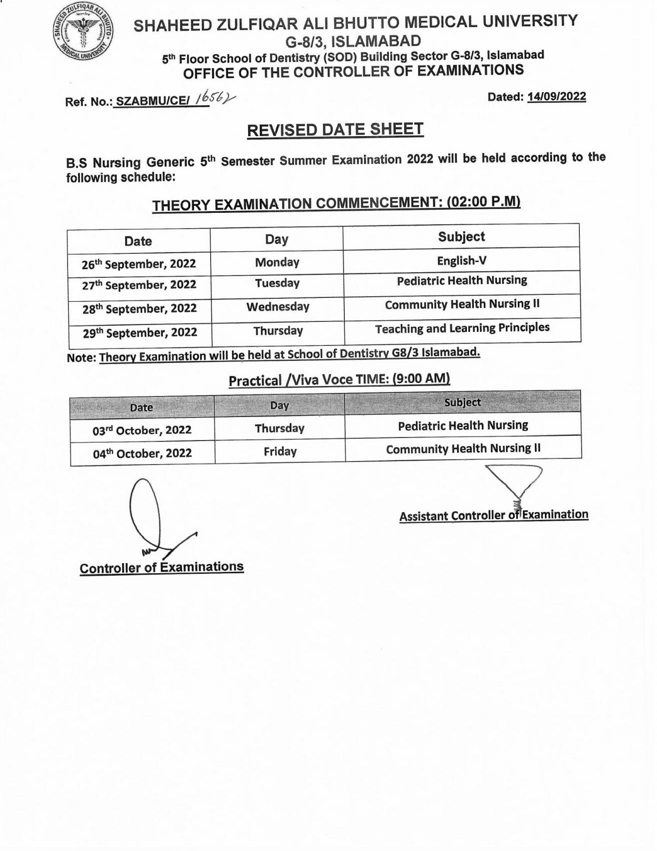 Revised Date Sheet - BS Nursing Generic Summer Semester Examinations ...