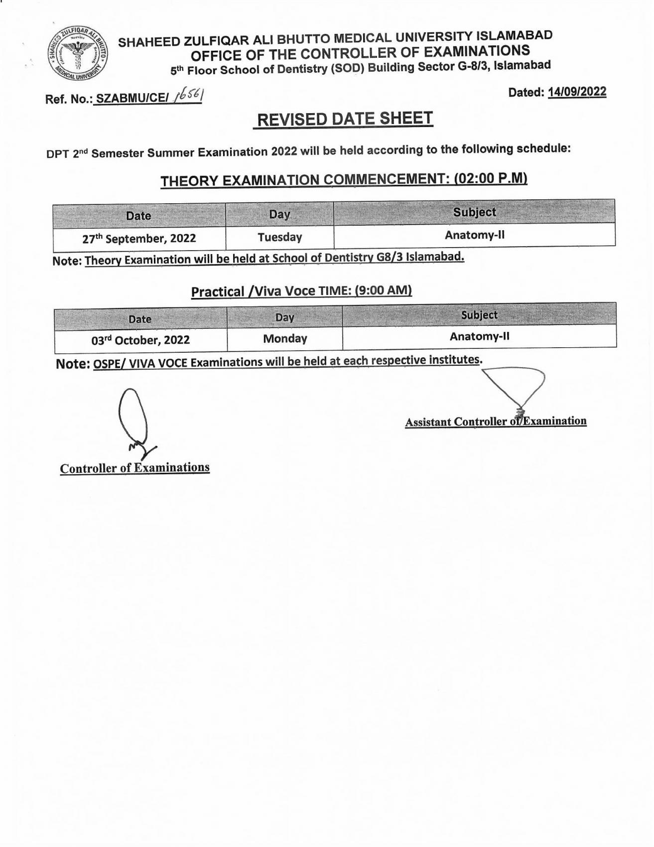 Revised Date Sheet - DPT Summer Semester Examinations 2022 | Shaheed ...