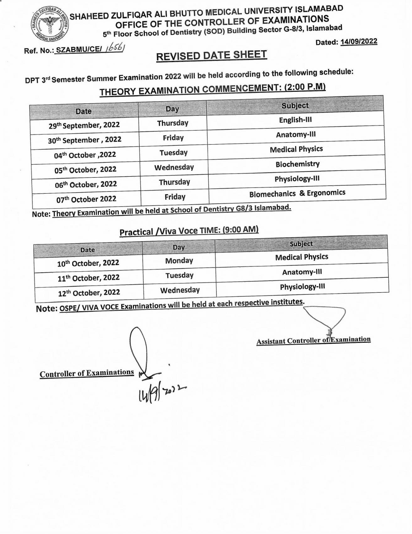 Revised Date Sheet - DPT Summer Semester Examinations 2022 | Shaheed ...