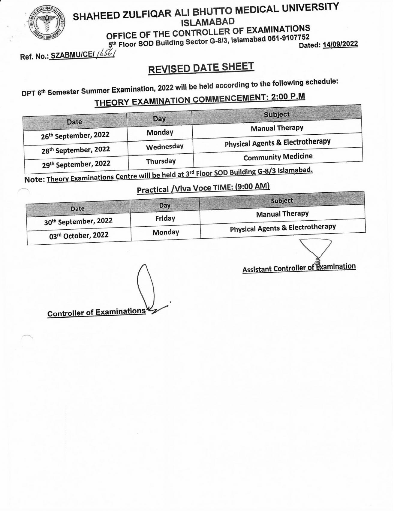 Revised Date Sheet - DPT Summer Semester Examinations 2022 | Shaheed ...