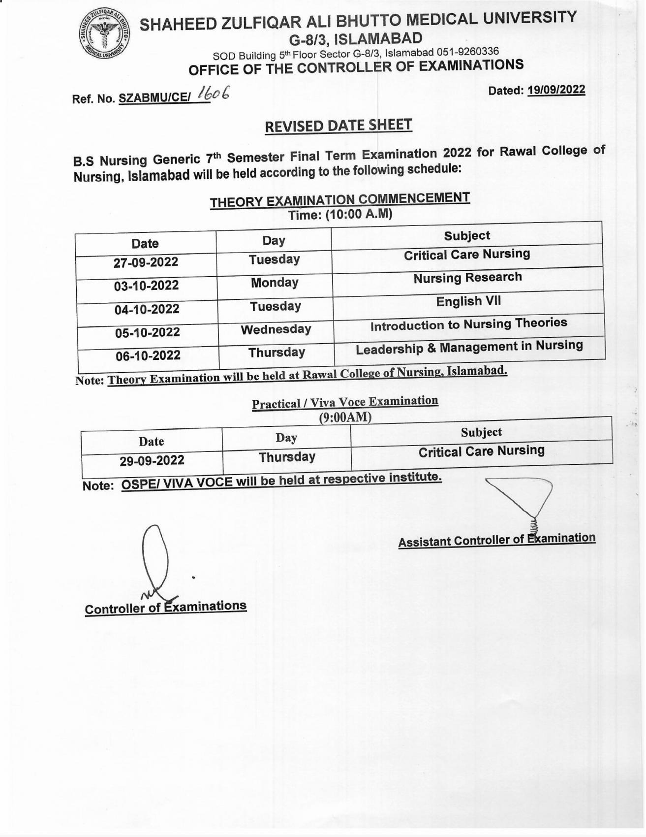 Revised Date Sheet - BS Nursing Generic 7th Semester Final Examinations ...