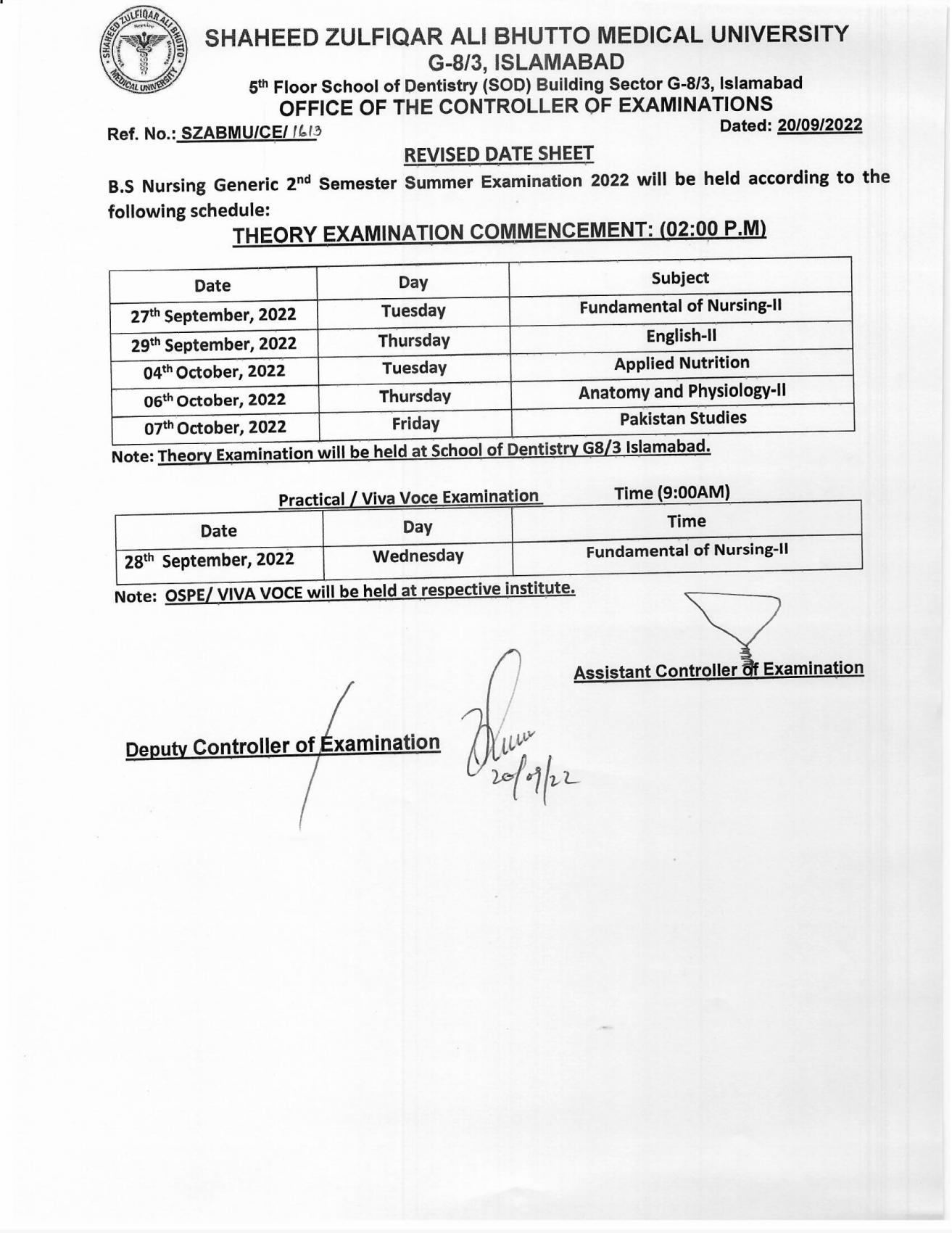 Revised Date sheet - B.S Nursing Generic 2nd Semester Summer ...