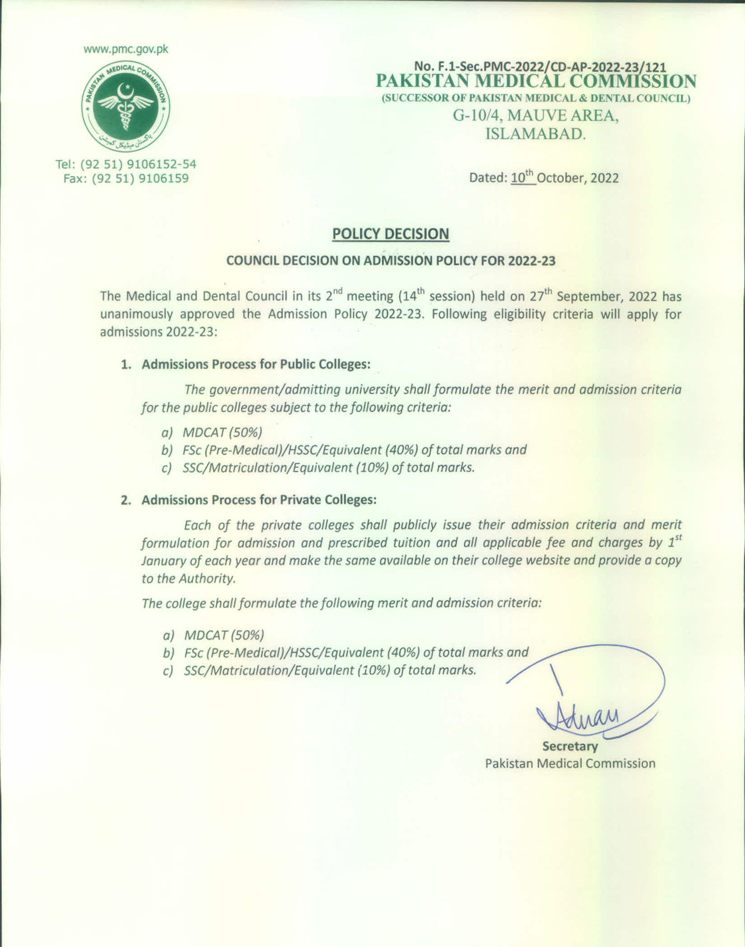 PMC - ADMISSION POLICY FOR 2022-23 | Shaheed Zulfiqar Ali Bhutto ...