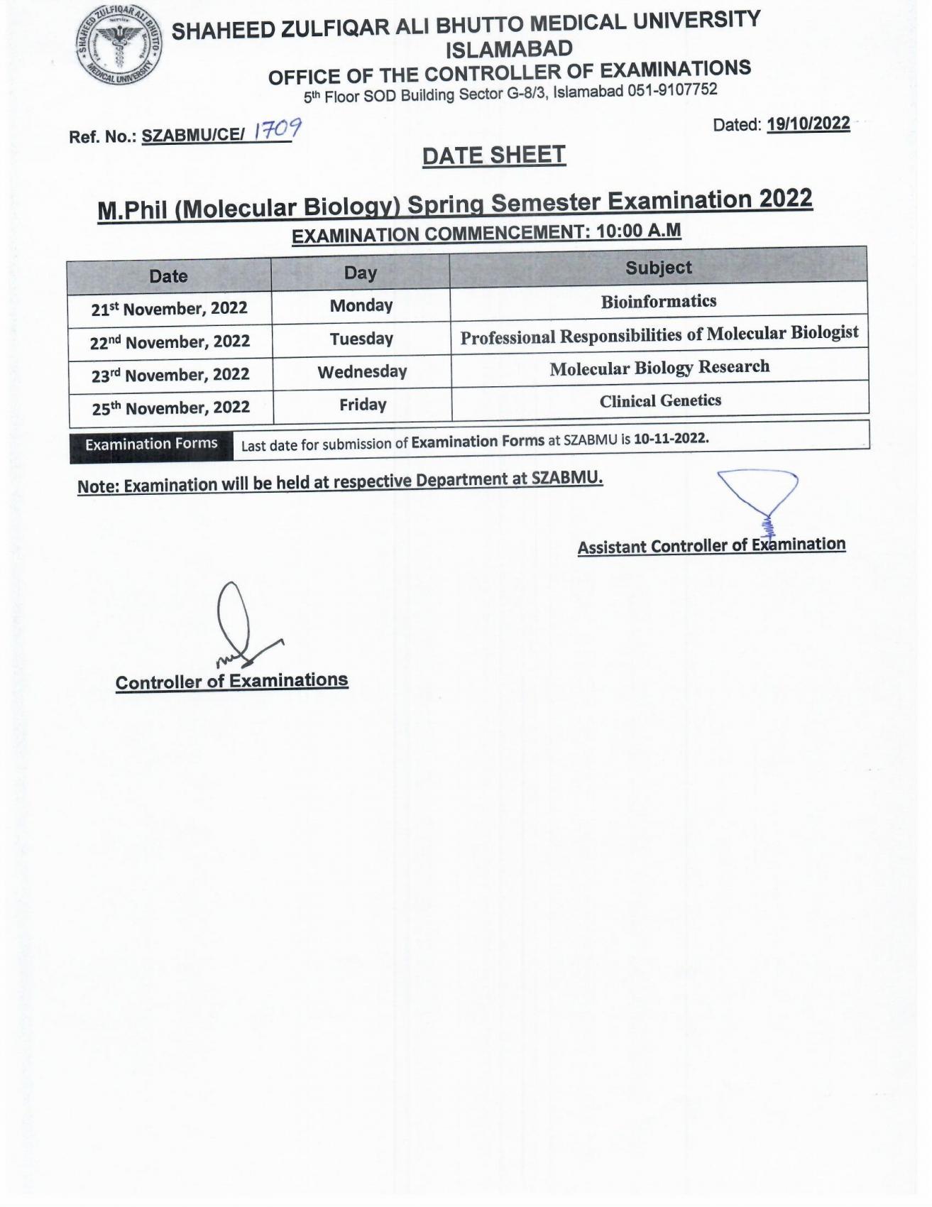 Date Sheet - M.Phil and PhD (Molecular Biology) Spring Semester ...