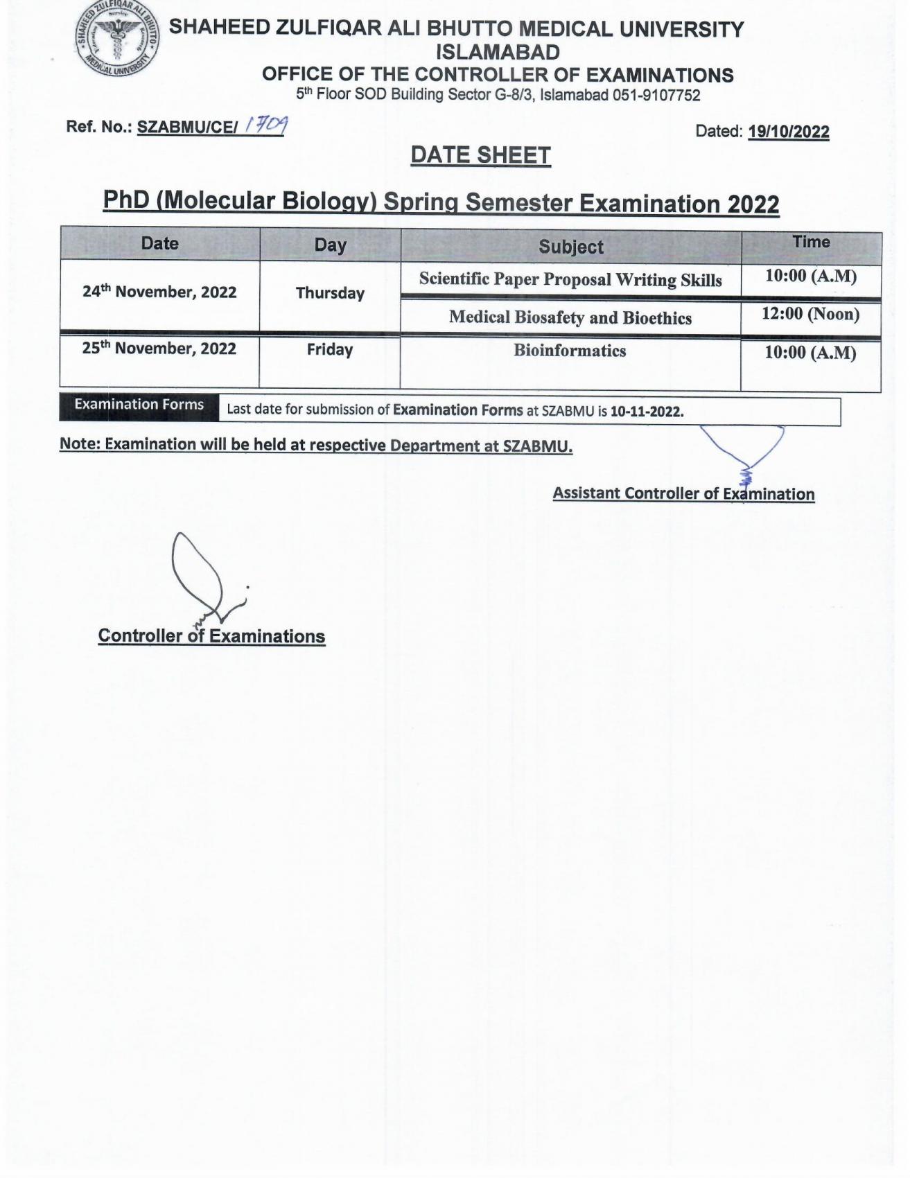 Date Sheet - M.Phil and PhD (Molecular Biology) Spring Semester ...