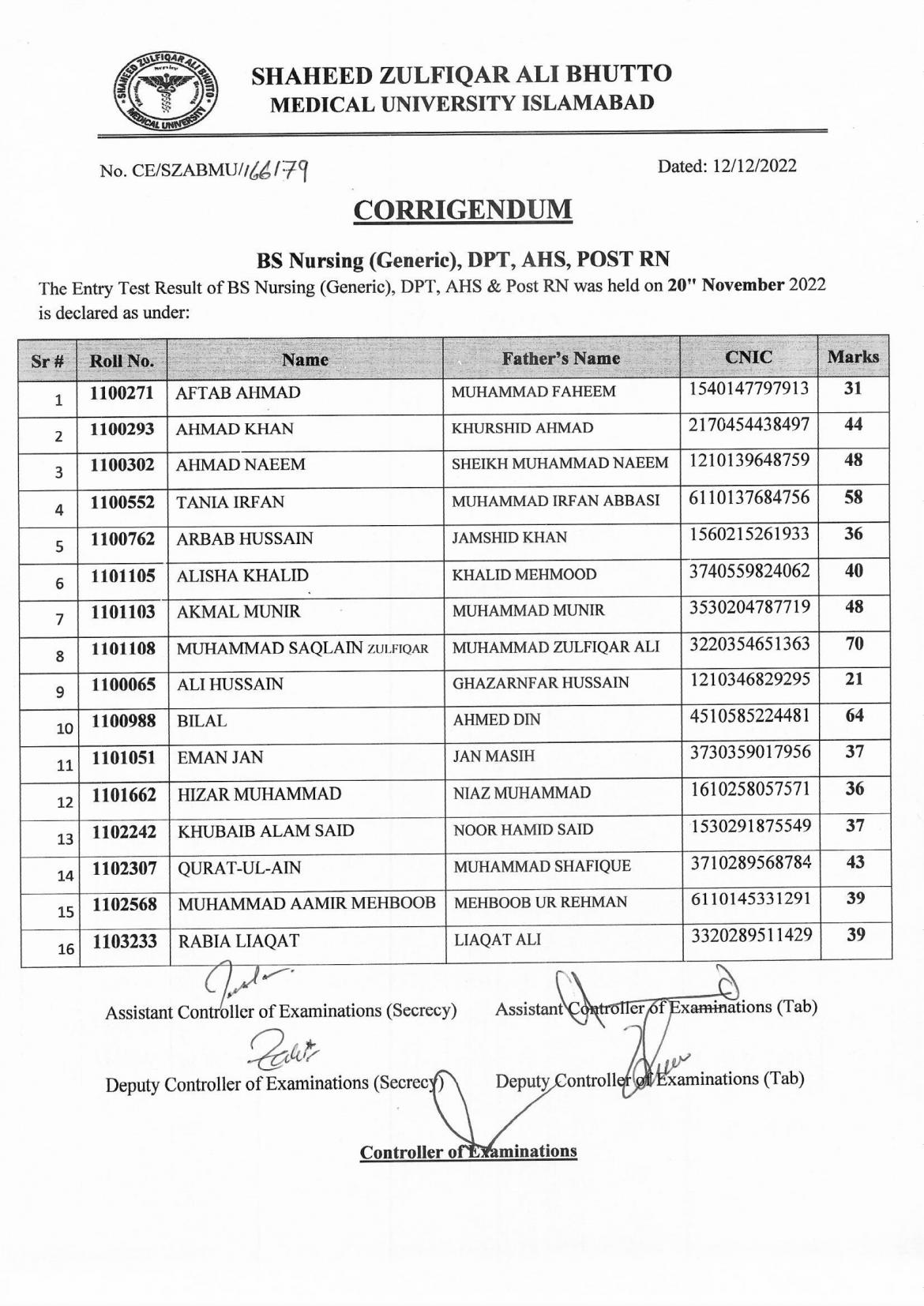 Corrigendum - Entry Test Result of BS Generic, Post RN, DPT and AHS ...