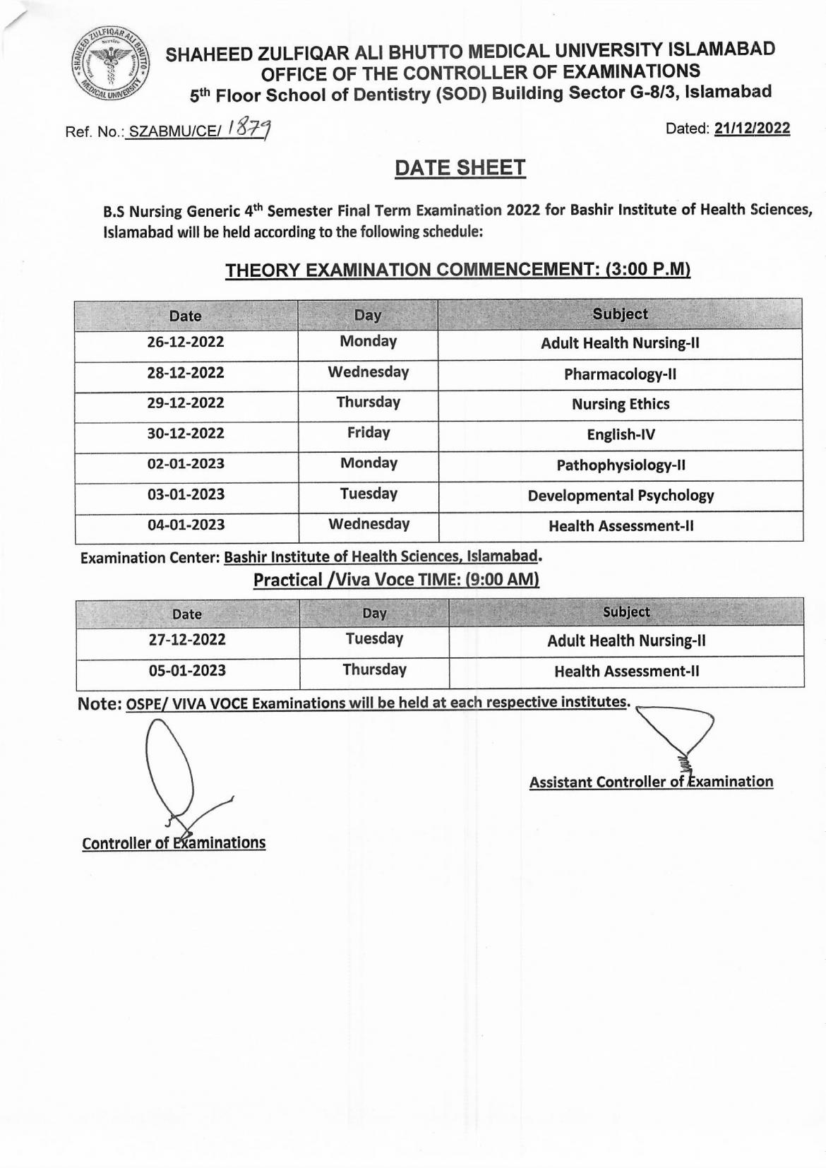 BS Nursing Generic 4th Semester Final Term Examination 2022 | Shaheed ...