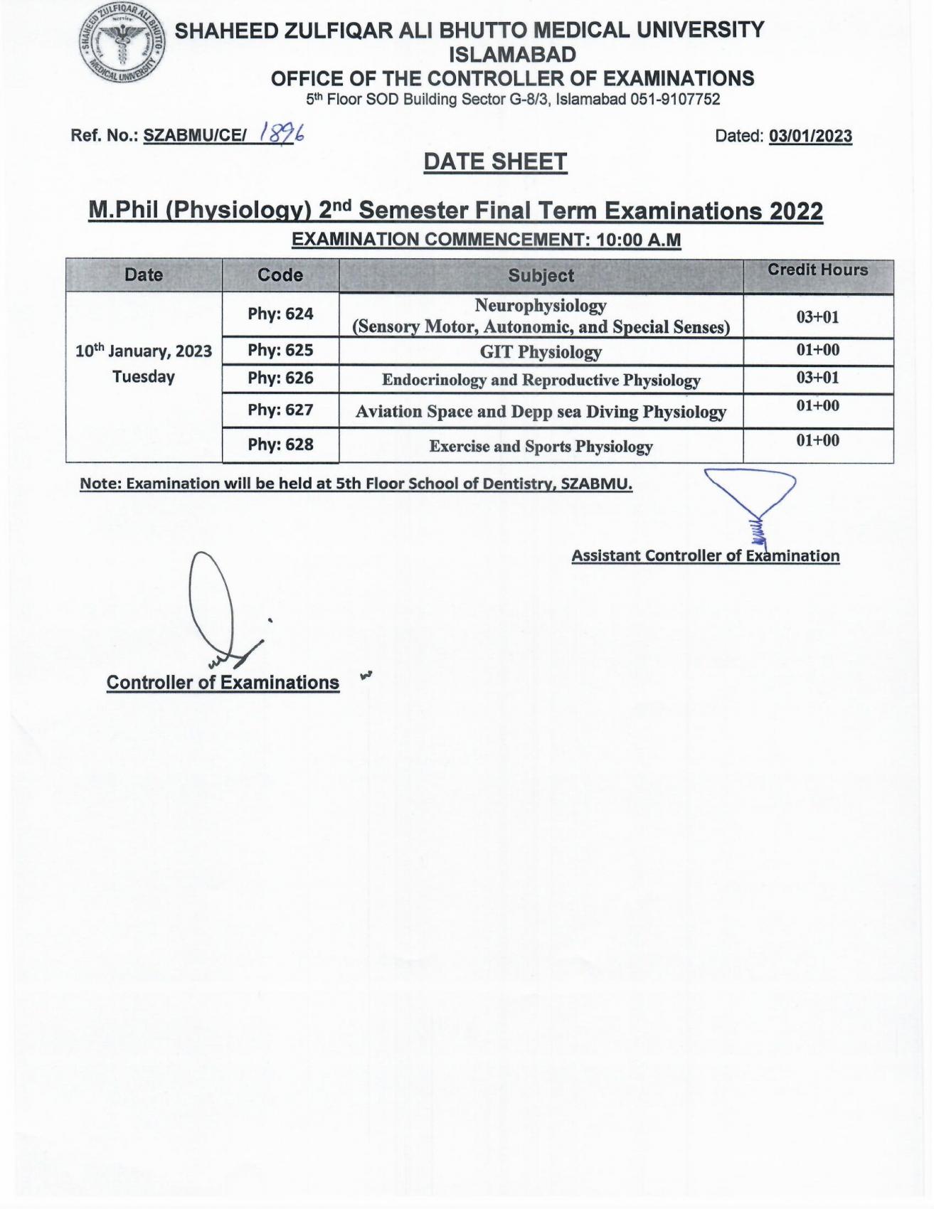 M.Phil (Physiology) 2nd Semester Final Term Examinations 2022 | Shaheed ...