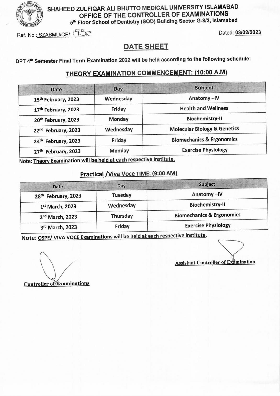 Date Sheet - DPT Final Term Examination 2022 | Shaheed Zulfiqar Ali ...