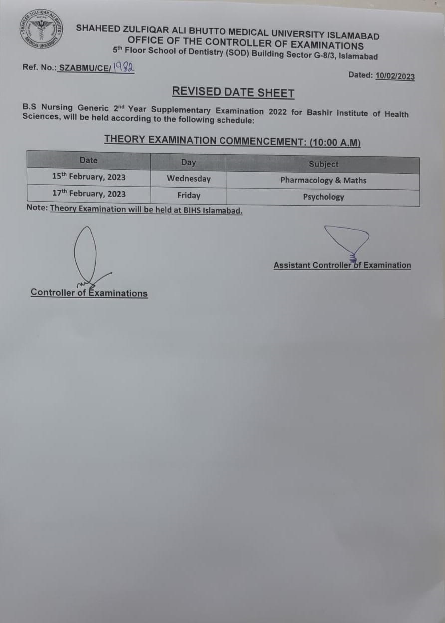 B.S Nursing Generic 2nd Year Supplementary Examinations 2022 | Shaheed ...