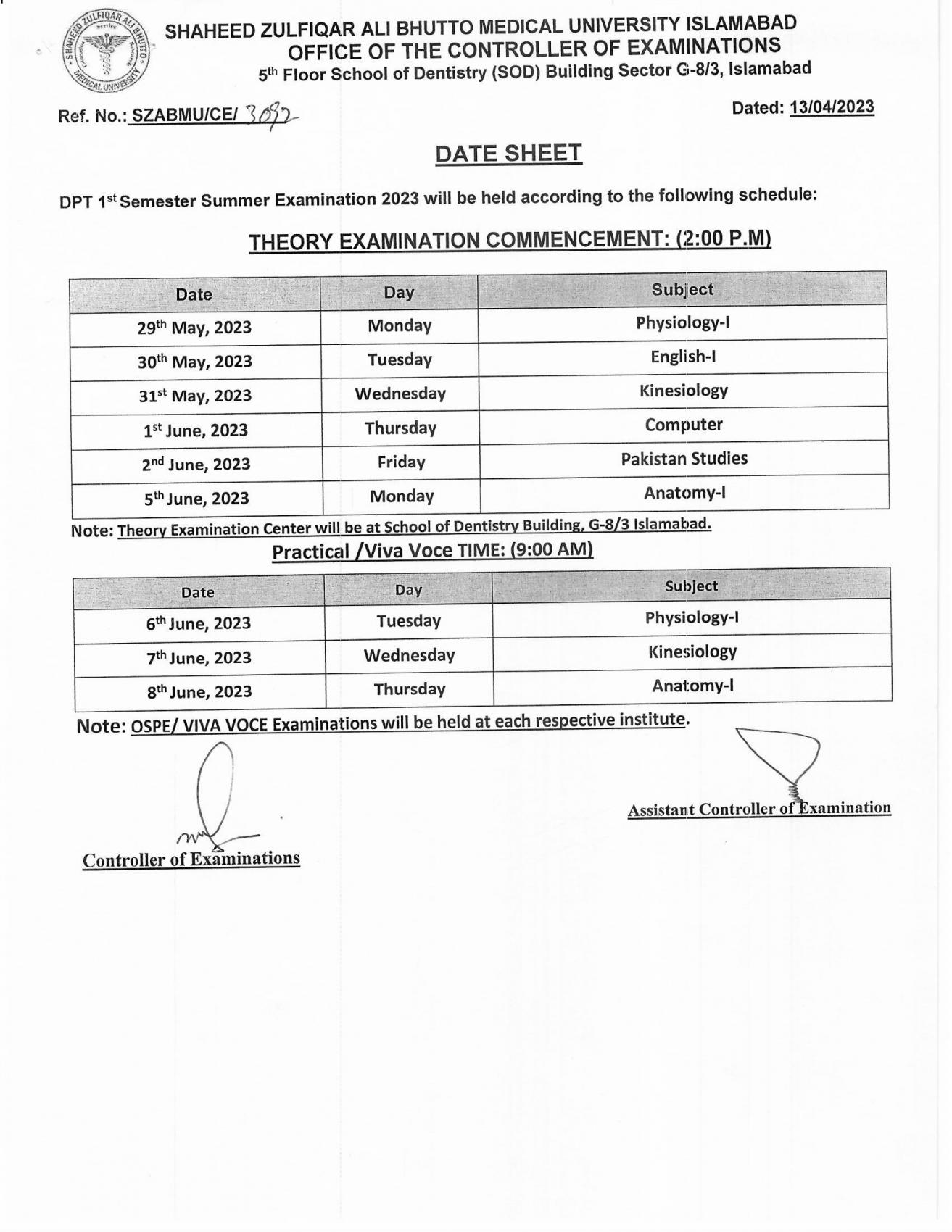 Date sheet - DPT Summer Examination 2023 | Shaheed Zulfiqar Ali Bhutto ...