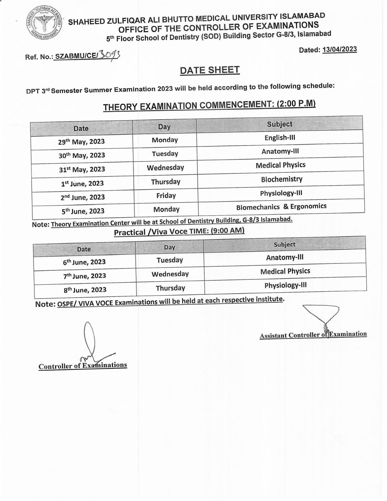 Date sheet - DPT Summer Examination 2023 | Shaheed Zulfiqar Ali Bhutto ...