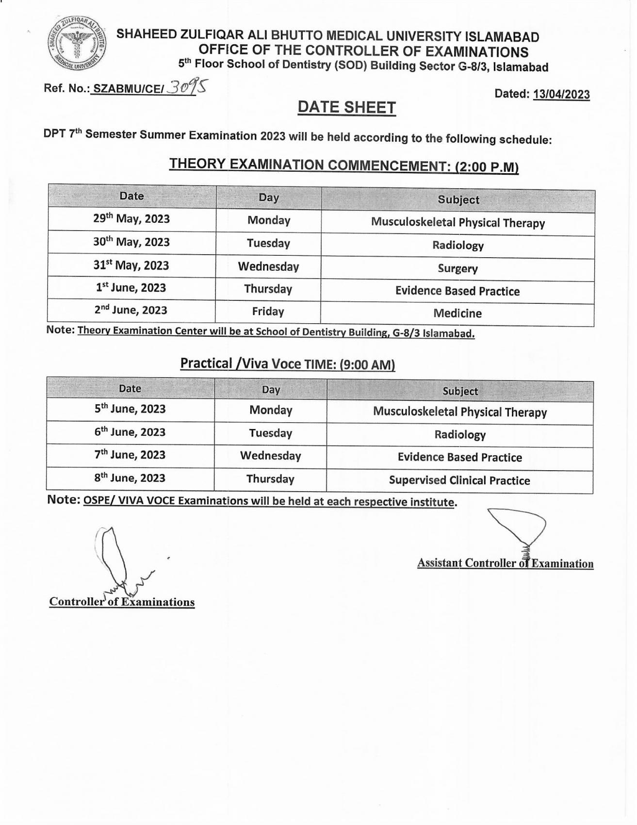 Date sheet - DPT Summer Examination 2023 | Shaheed Zulfiqar Ali Bhutto ...