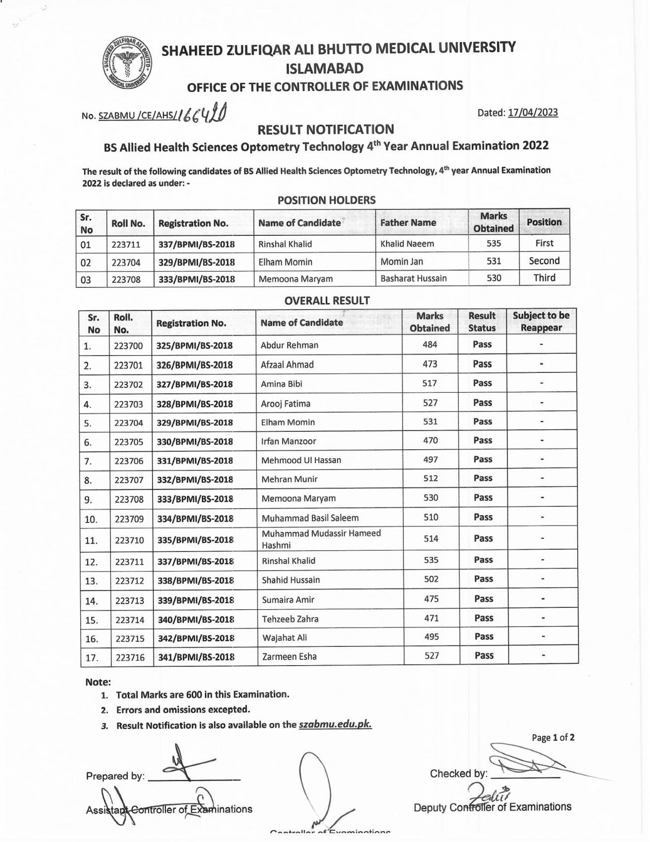 Result Notification - All BS Allied Health Sciences 4th Year Annual ...