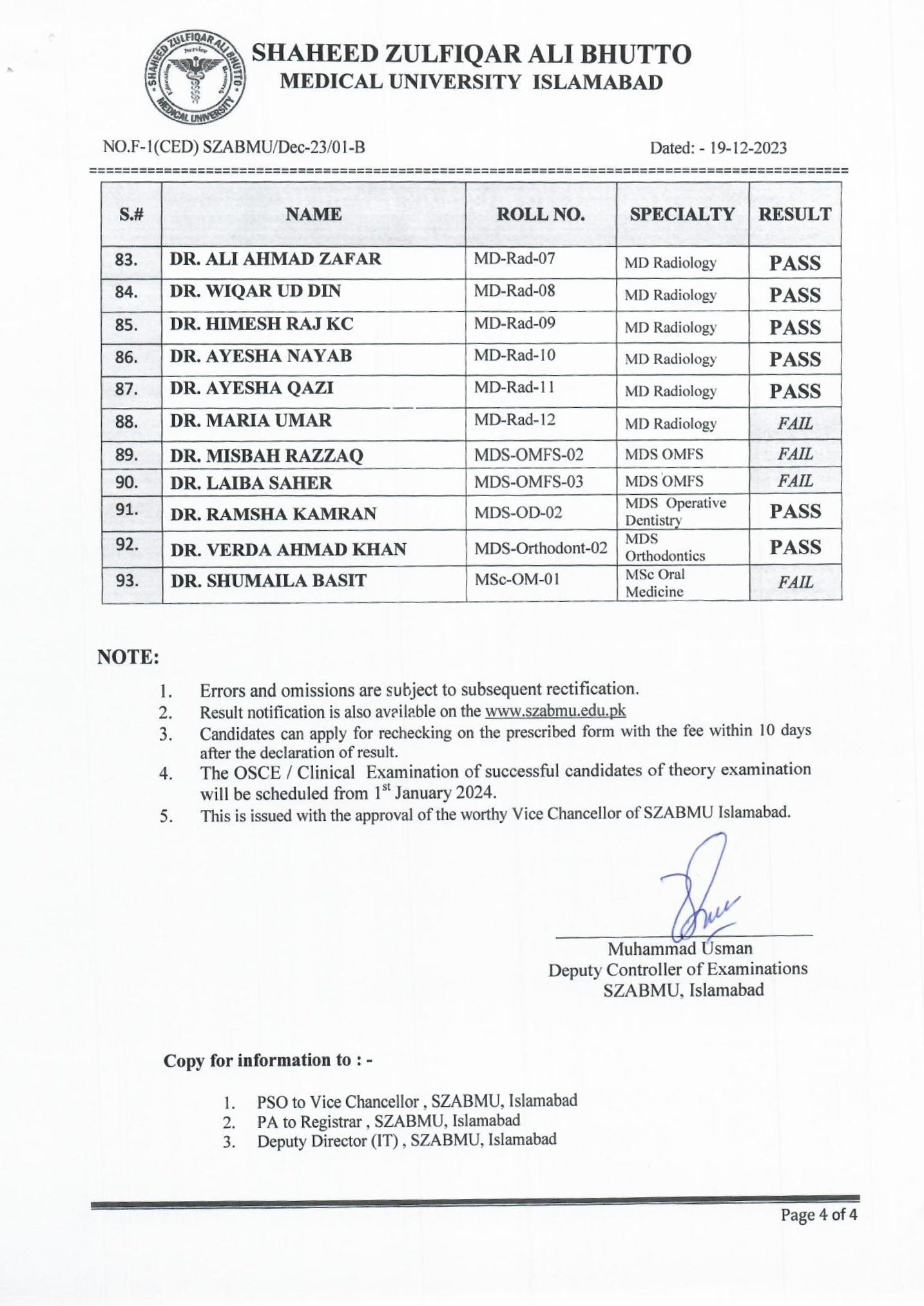 Result Notification of MS,MD,MDS and MSc Final theory Examination ...