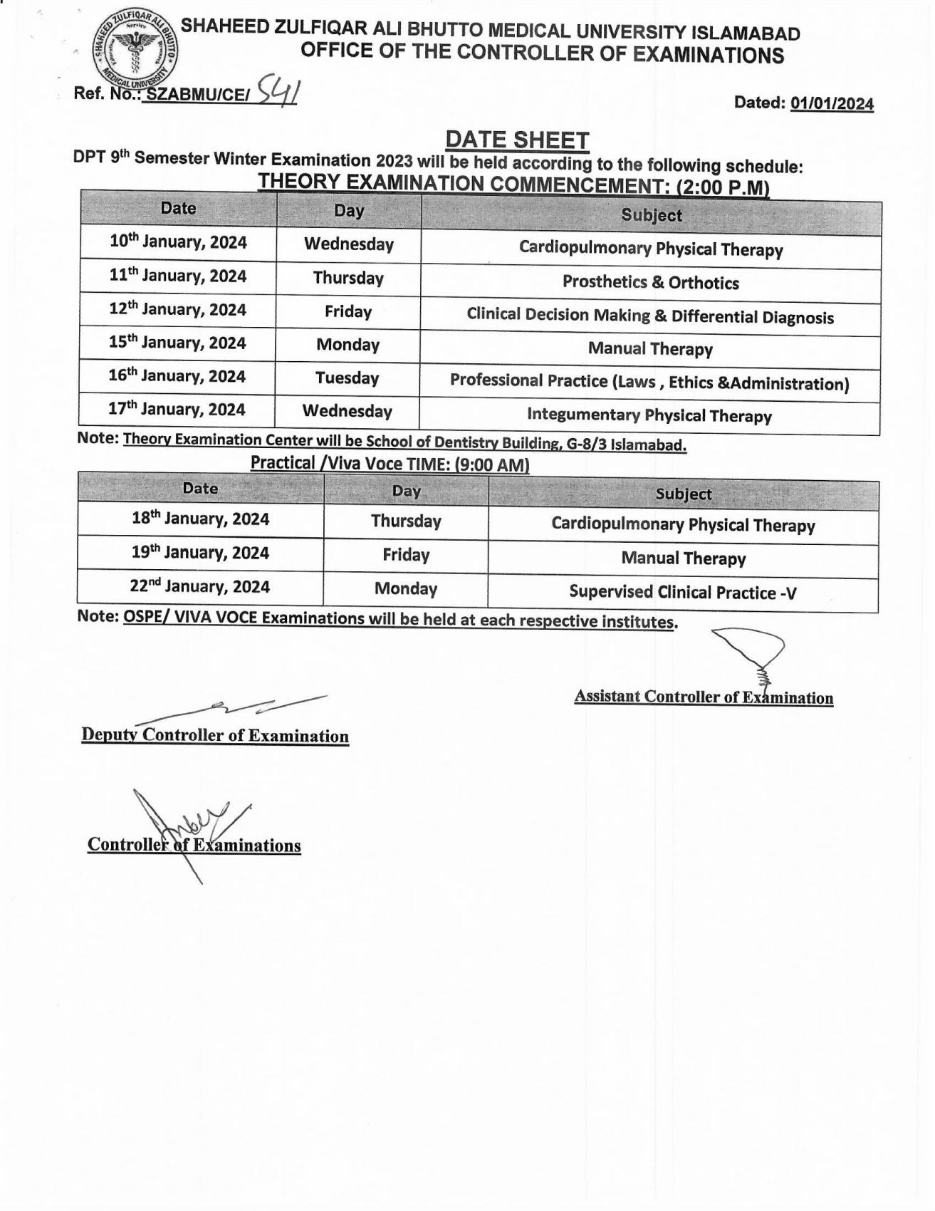 Date Sheet DPT Winter Examination 2023 Shaheed Zulfiqar Ali Bhutto Date Sheet DPT Winter Examination 2023 Shaheed Zulfiqar Ali Bhutto