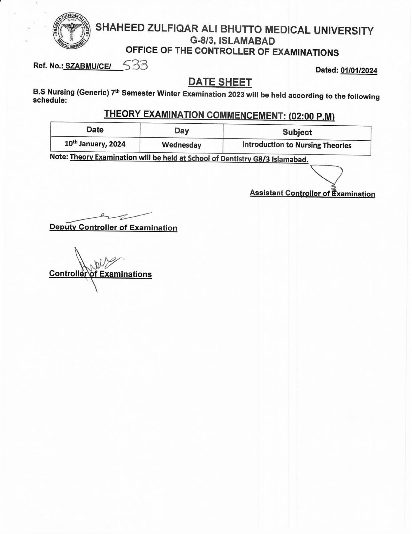 Date Sheet BS Nursing Winter Examination 2023 Shaheed Zulfiqar Ali date-sheet-bs-nursing-winter-examination-2023-shaheed-zulfiqar-ali