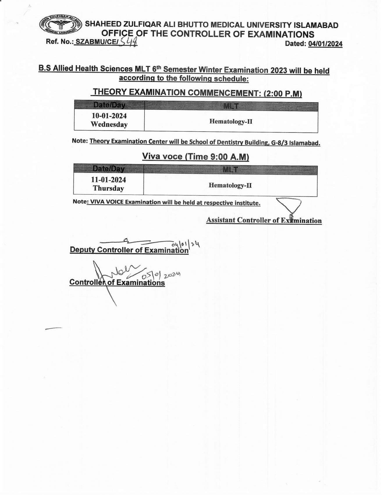 Date Sheet AHS Winter Examination 2023 Shaheed Zulfiqar Ali Bhutto Date Sheet AHS Winter Examination 2023 Shaheed Zulfiqar Ali Bhutto