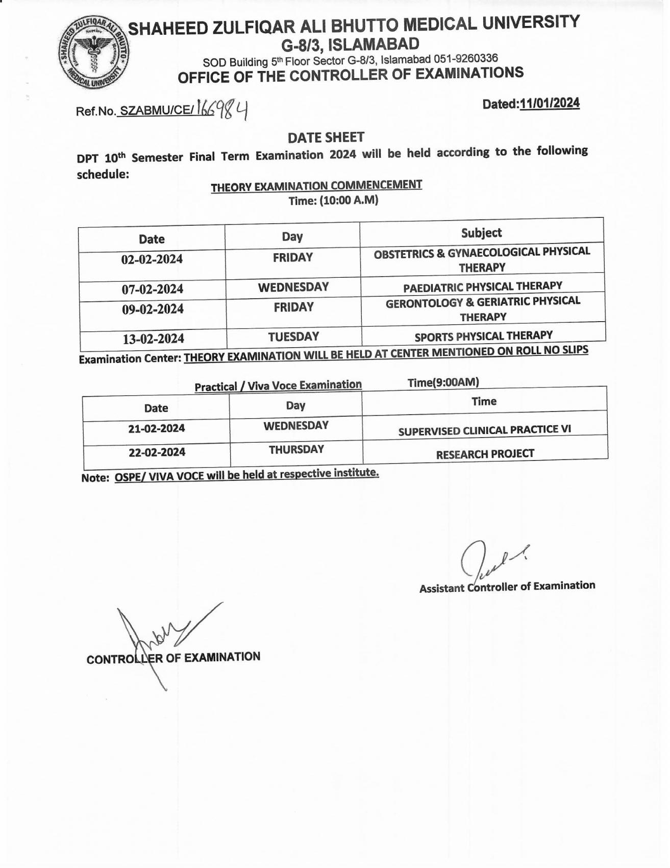 Date Sheet DPT Final Term Examinations 2024 Shaheed Zulfiqar Ali Date Sheet DPT Final Term Examinations 2024 Shaheed Zulfiqar Ali